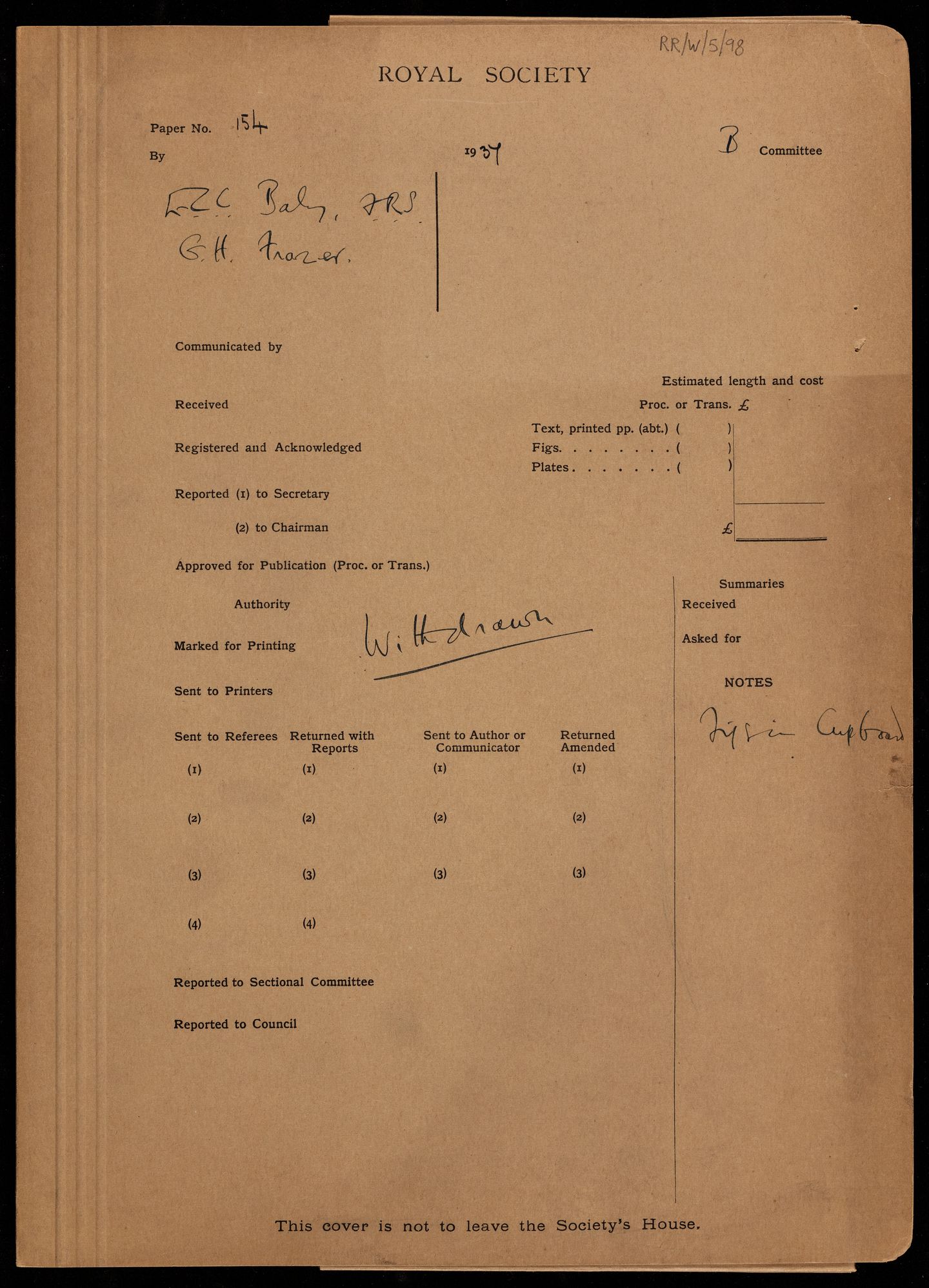 Original folder from the Royal Society Editoral Department, for a paper ...