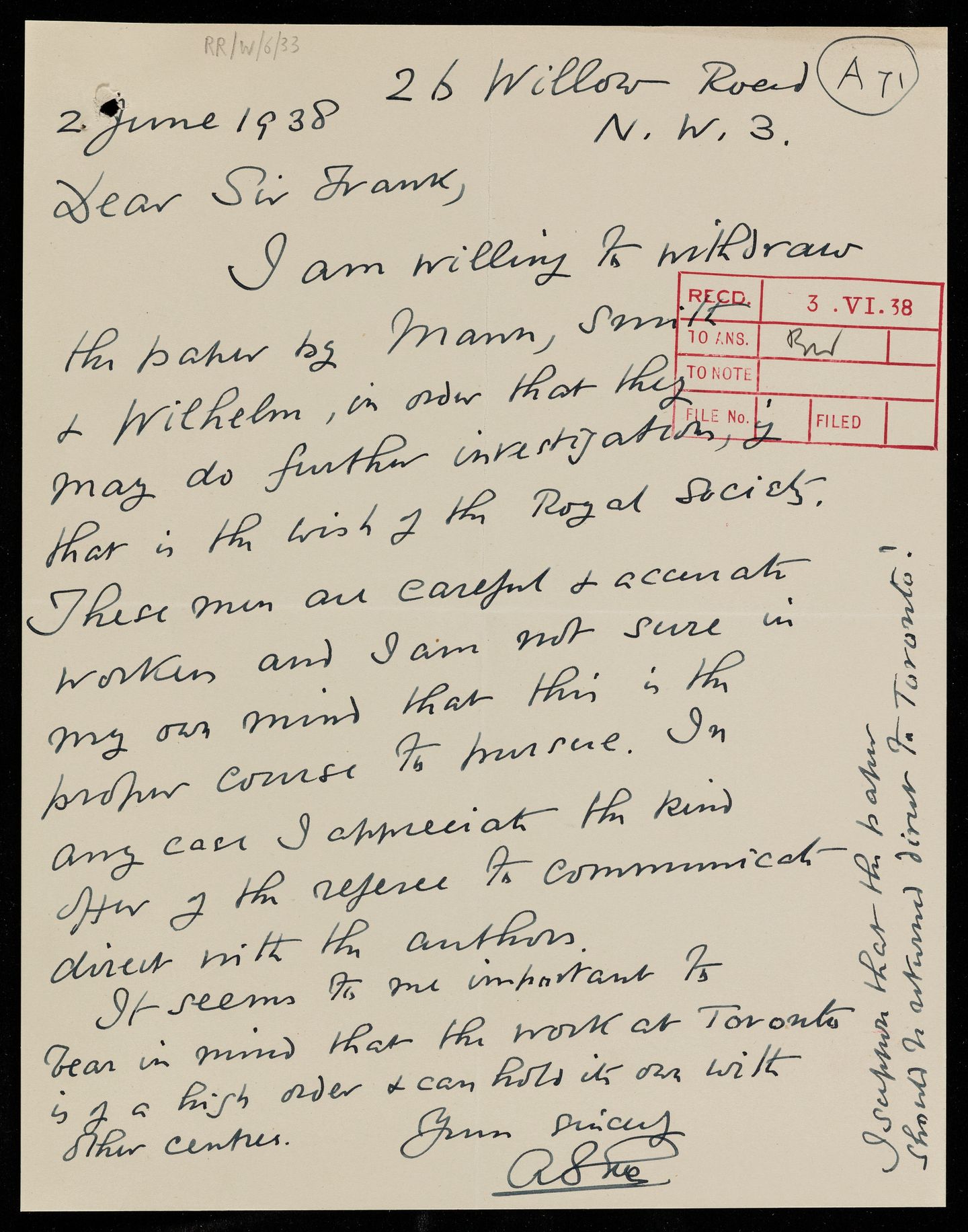 Letter from [Arthur Stewart] Eve to Sir Frank [Edward Smith], regarding ...
