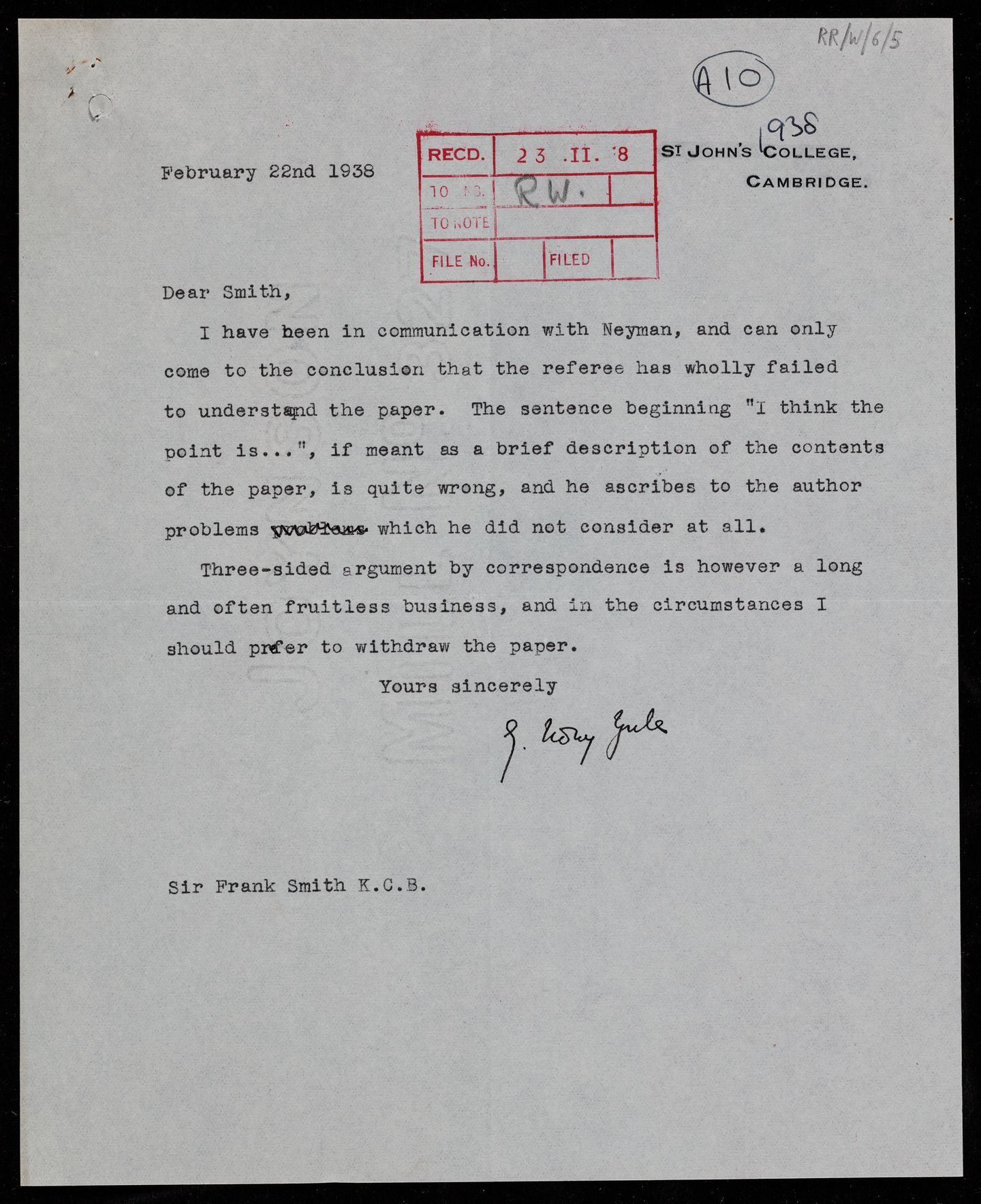 Letter from [George] Udny Yule to Sir Frank [Edward] Smith, regarding a ...