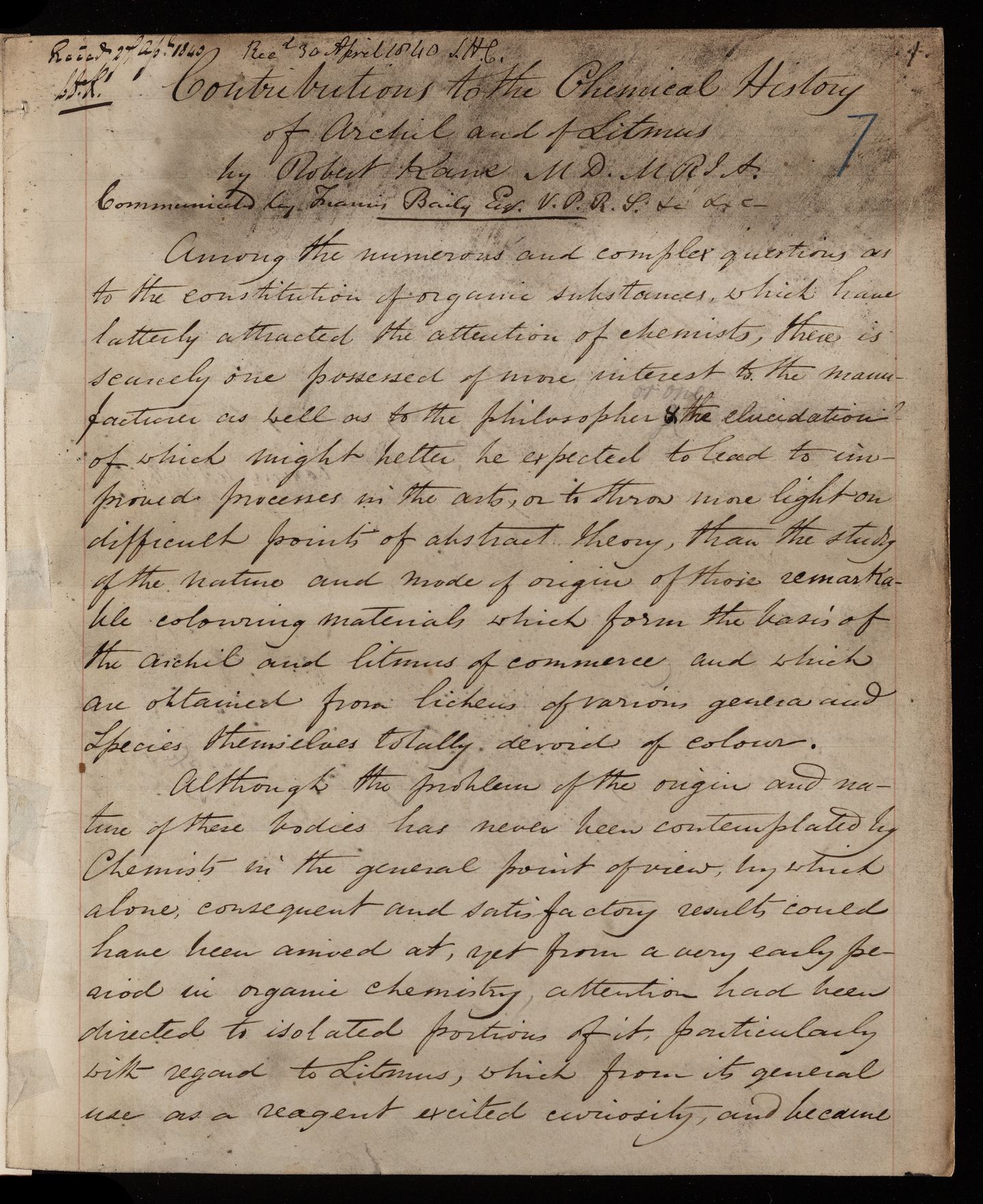 Paper, 'Contributions to the chemical history of archil [orchil] and ...