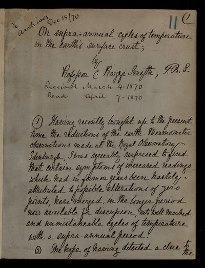 Referee's report by Balfour Stewart, on a paper 'Certain supra-annual ...