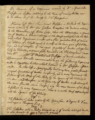 'Account of an Experiment contrived by Doctor Gravesande, Professor at ...