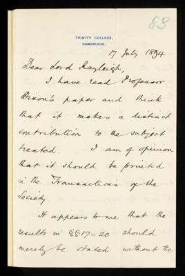 Letter from Micaiah John Muller Hill, to John William Strutt, 3rd Baron ...