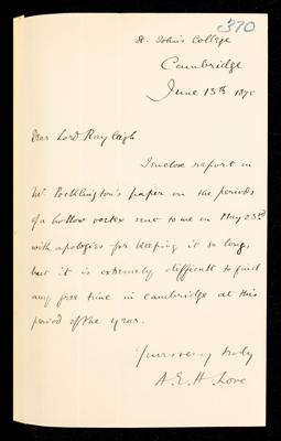 Letter from William Mitchinson Hicks, to John William Strutt, 3rd Baron ...
