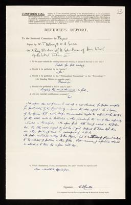 Referee's report by Robert Howson Pickard, on a paper 'X-ray studies of ...