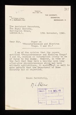 Marcus Laurence Elwin Oliphant | The Royal Society: Science in the Making