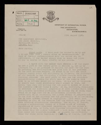 Letter from Rudolf Ernst Peierls, on a paper 'On the stochastic theory ...